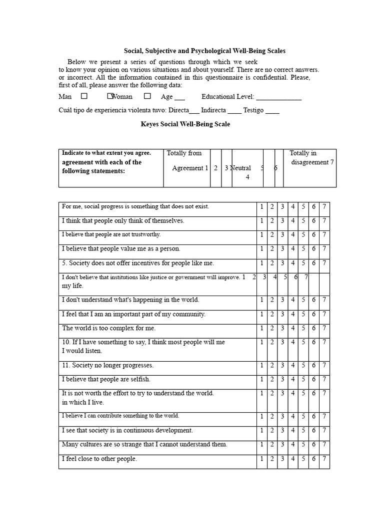 Subjective Social Well-Being Scales | PDF | Well Being | Popular Psychology