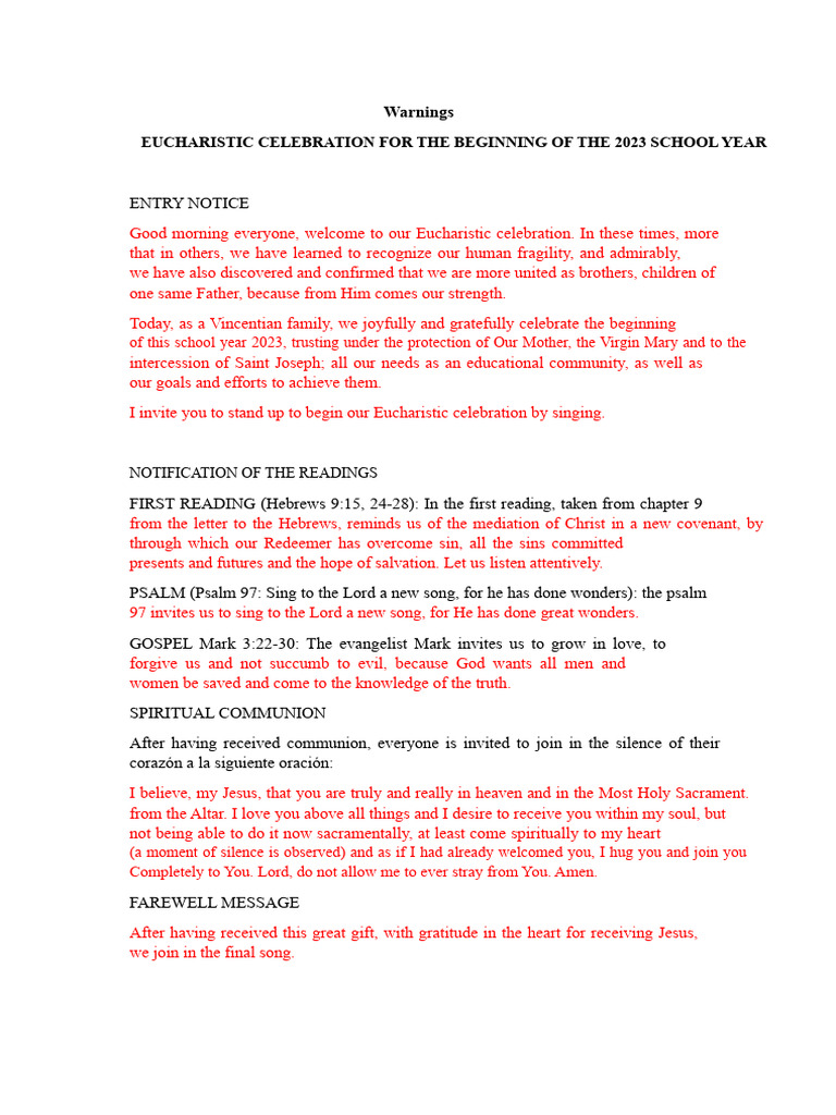 Announcements for the Mass at the Beginning of the School Year | PDF