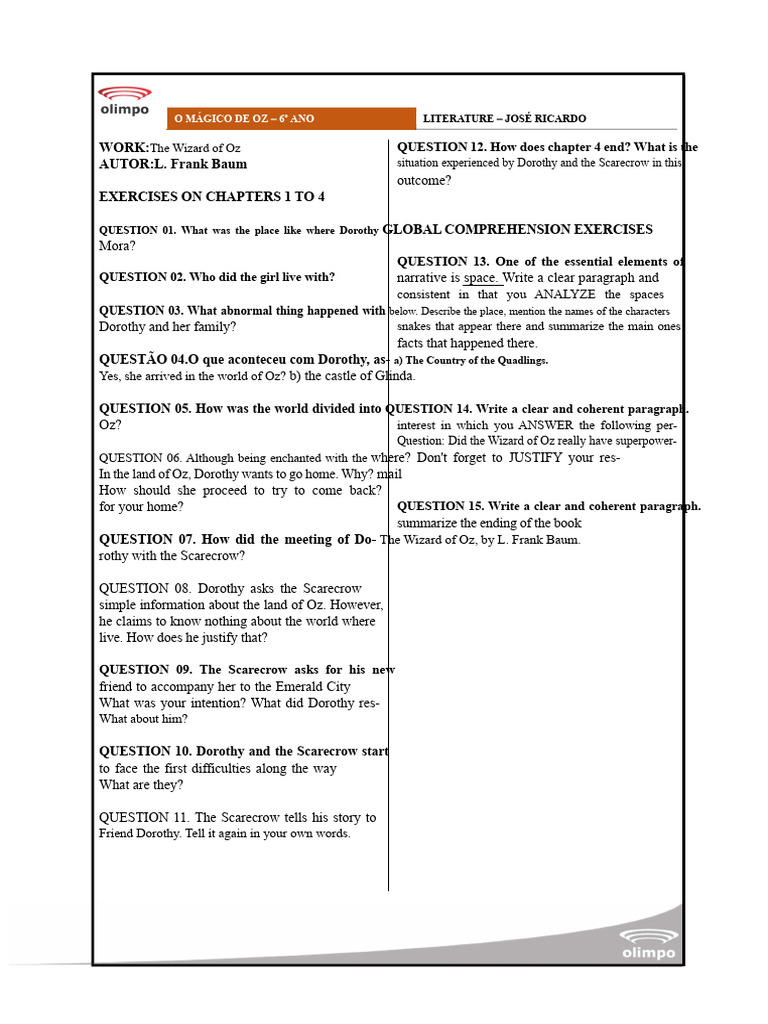 Wizard of Oz Chapter 4 Analysis Exercises | PDF | Land Of Oz | Dorothy Gale