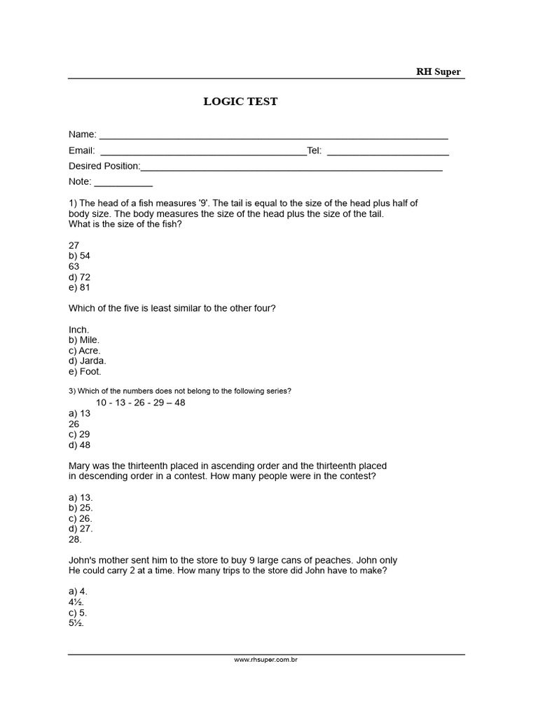 RH Super Logic Test Questions & Answers | PDF