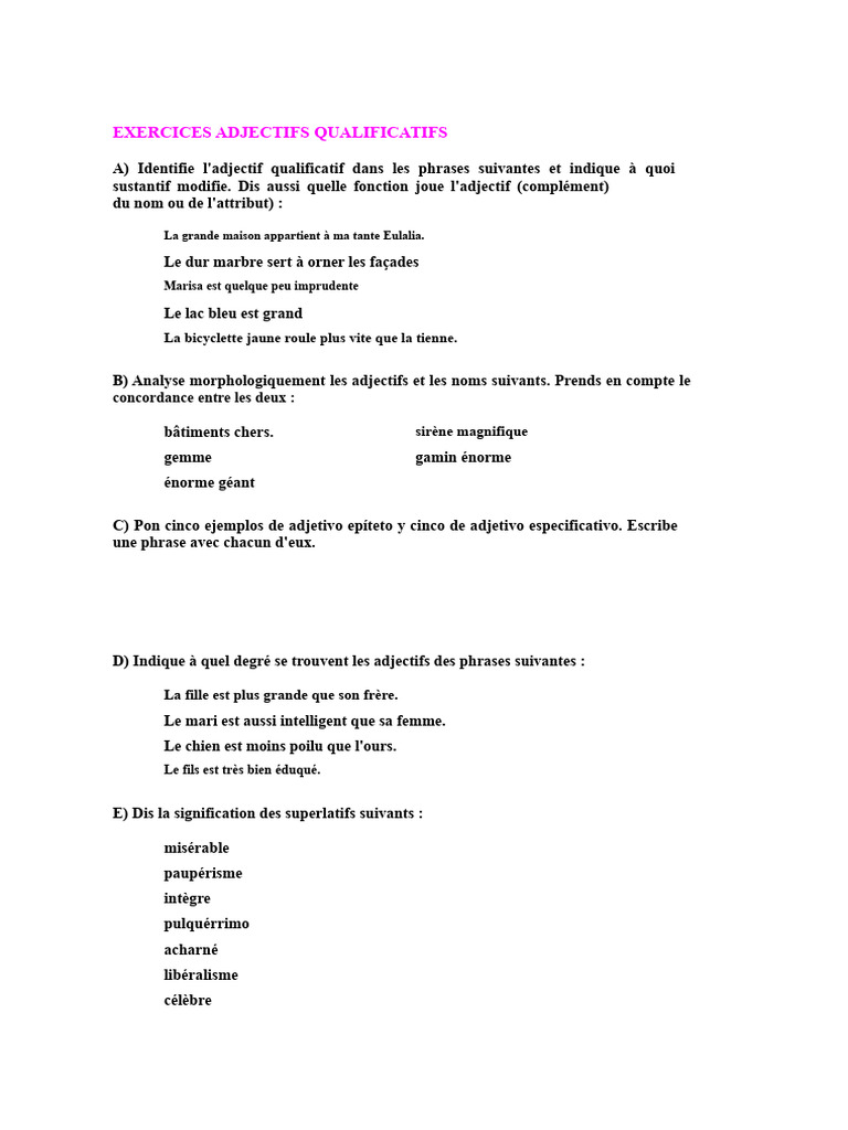 Exercices sur les adjectifs qualificatifs | PDF