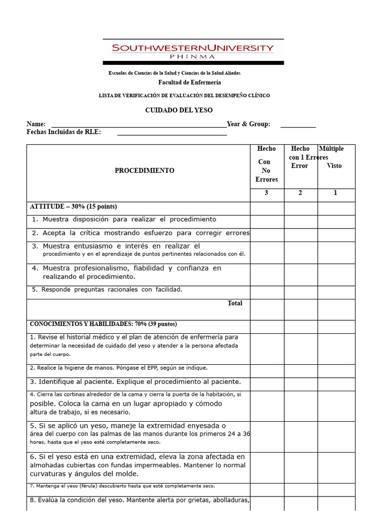Evaluación del Desempeño en Cuidado del Yeso | PDF | Medicina