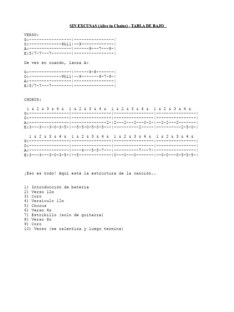 Tab de Bajo: "Sin Excusas" de Alice in Chains | PDF