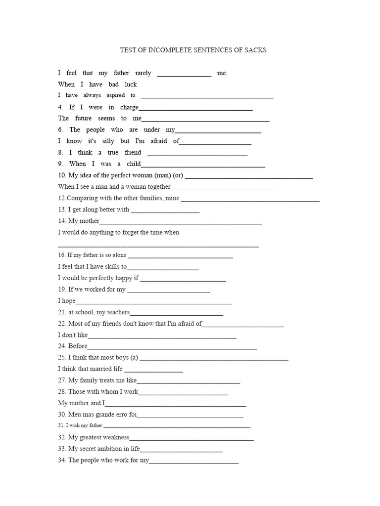 Incomplete Sentence Test by Sacks | PDF | Sexuality | Human Sexuality