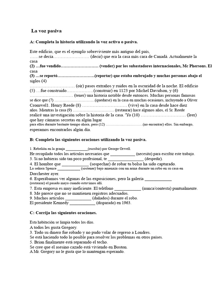 A: Completa La Historia Utilizando La Voz Activa o Pasiva | PDF