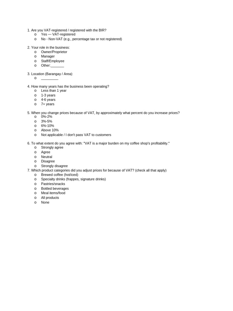 Businesses VAT Questionnaire | PDF | Value Added Tax | Taxes