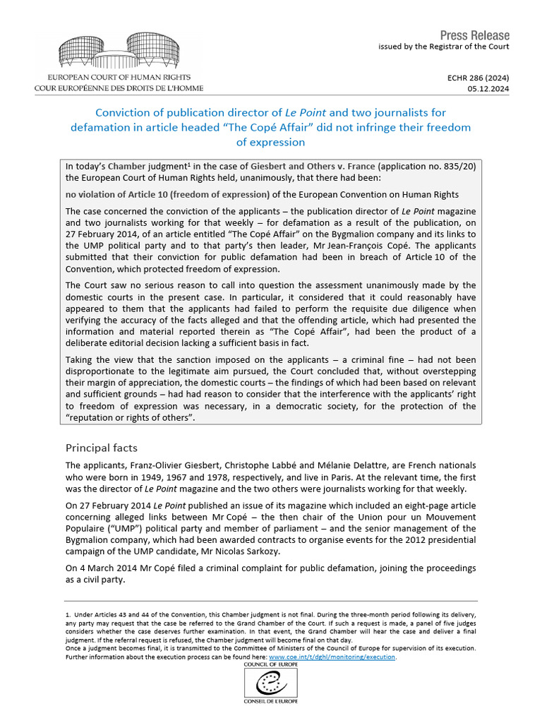 Judgment Giesbert and Others v. France - Conviction of Publication ...
