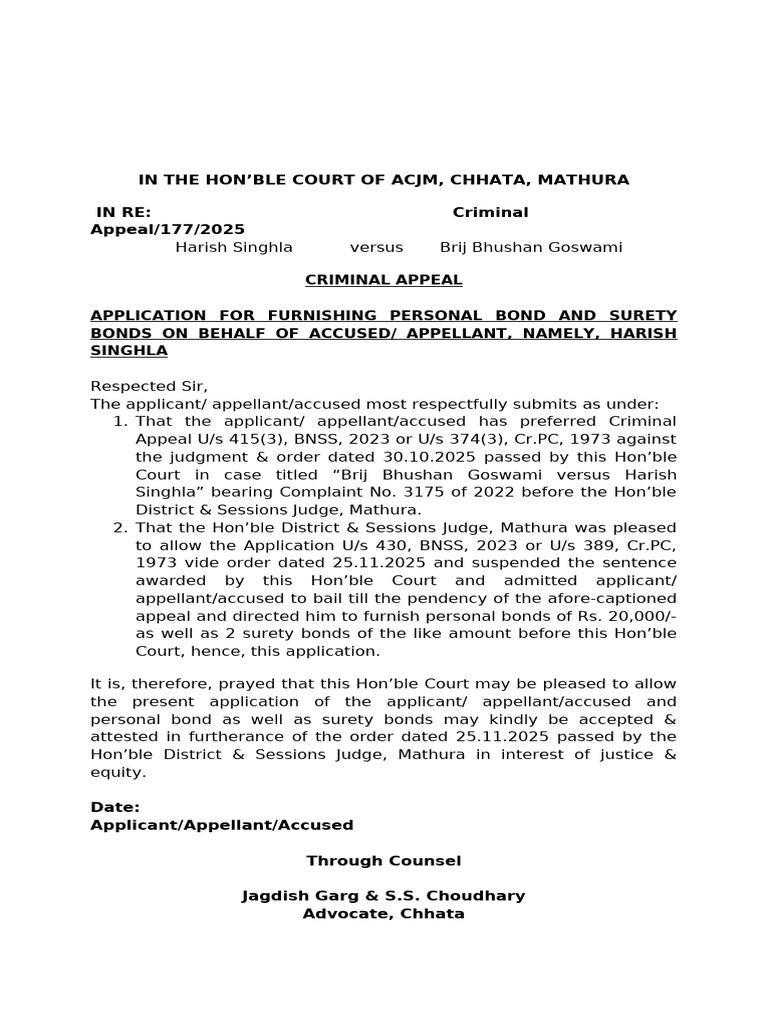 Application For Furnishing Bail Bonds Chhata Case Harish Singhla | PDF ...