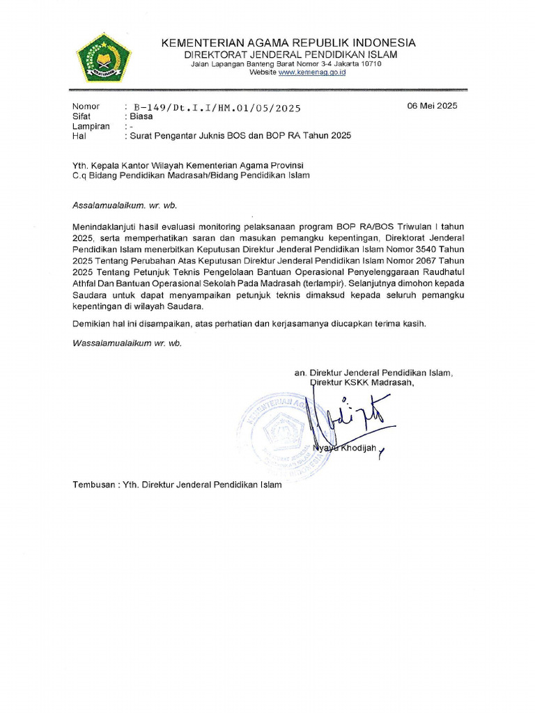 Surat Pengantar Perubahan Atas Kepdirjen Pendidikan Islam Nomor 2067 Tahun 2025 Tentang Petunjuk ...