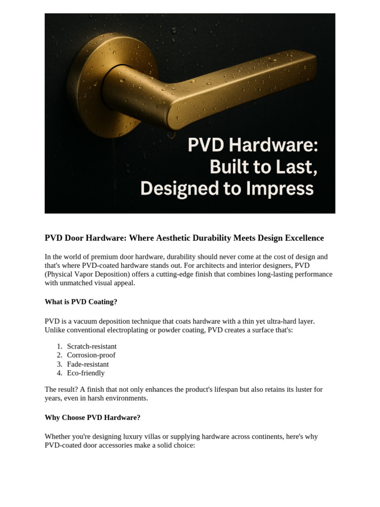 PVD Door Hardware Where Aesthetic Durability Meets Design Excellence | PDF