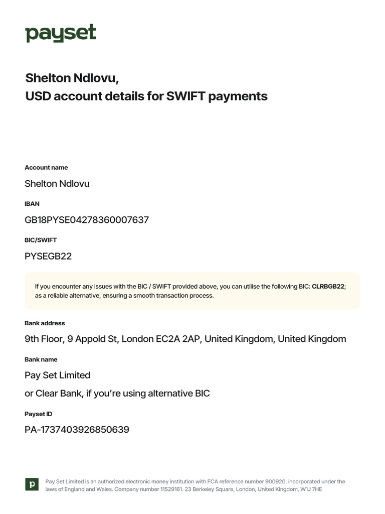 Shelton Ndlovu, USD Account Details For SWIFT Payments | PDF