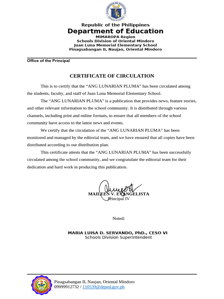 Certificate of Circulation for ANG LUNARIAN PLUMA | PDF