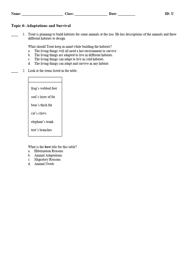 Elevate Science - Grade 3 - Topic 6 - Test With Answers | PDF | Habitat ...