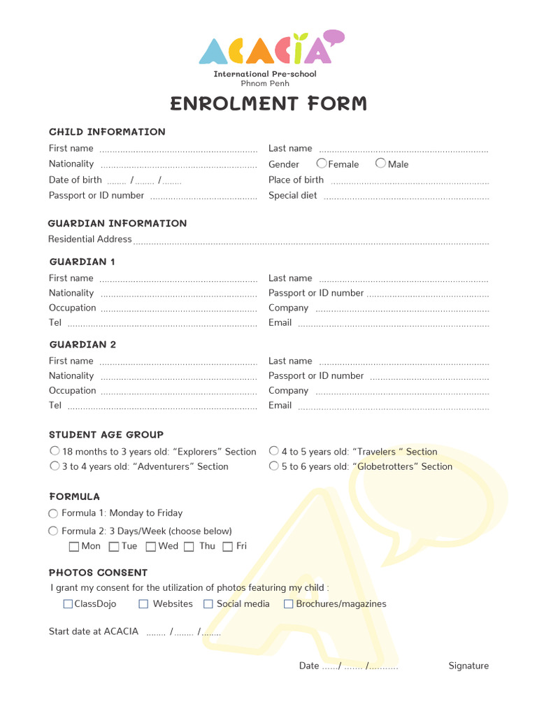International Pre-school Enrollment Form | PDF