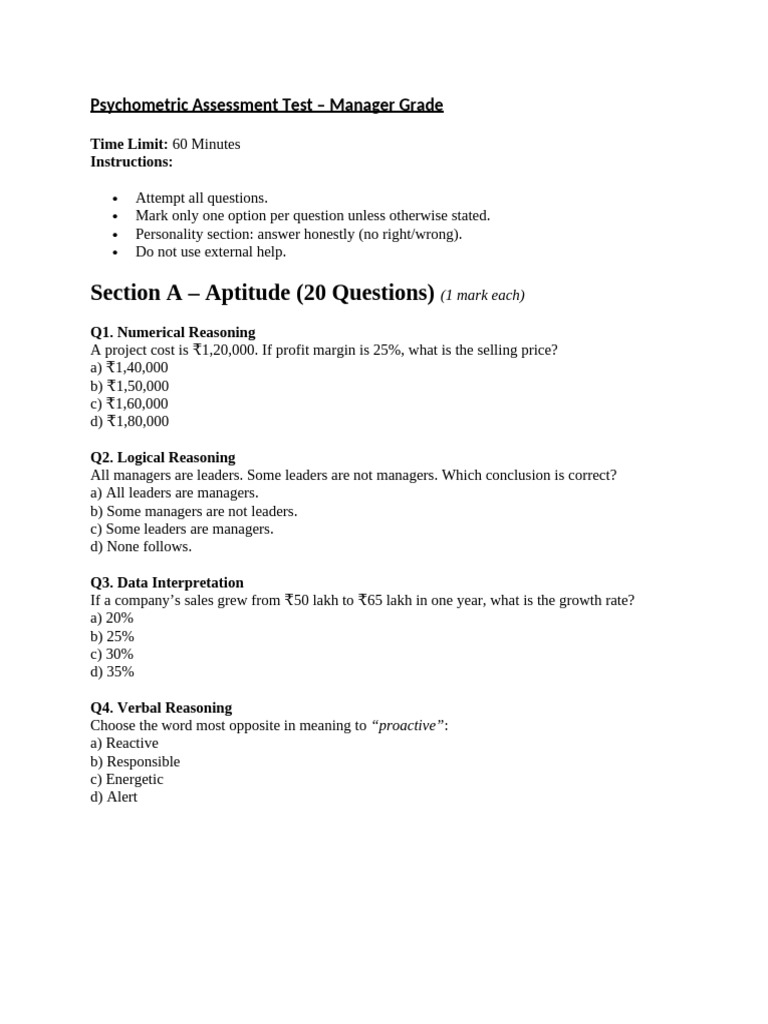 Manager Grade Psychometric Assessment Test | PDF | Psychology ...