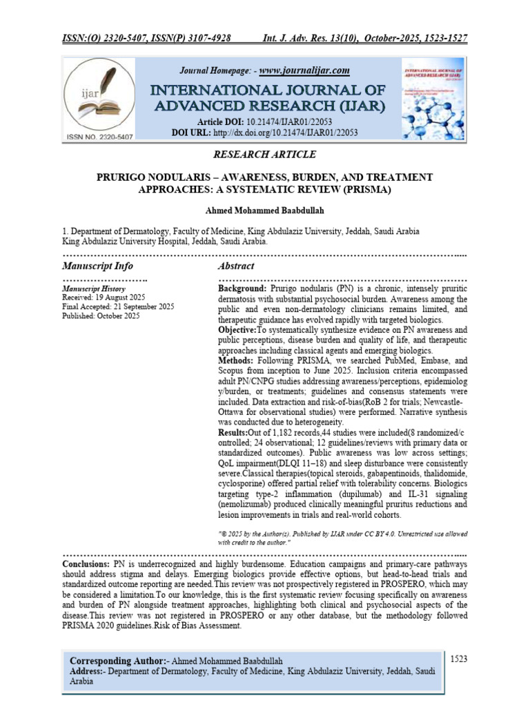 Prurigo Nodularis: Awareness and Treatments | PDF | Systematic Review ...