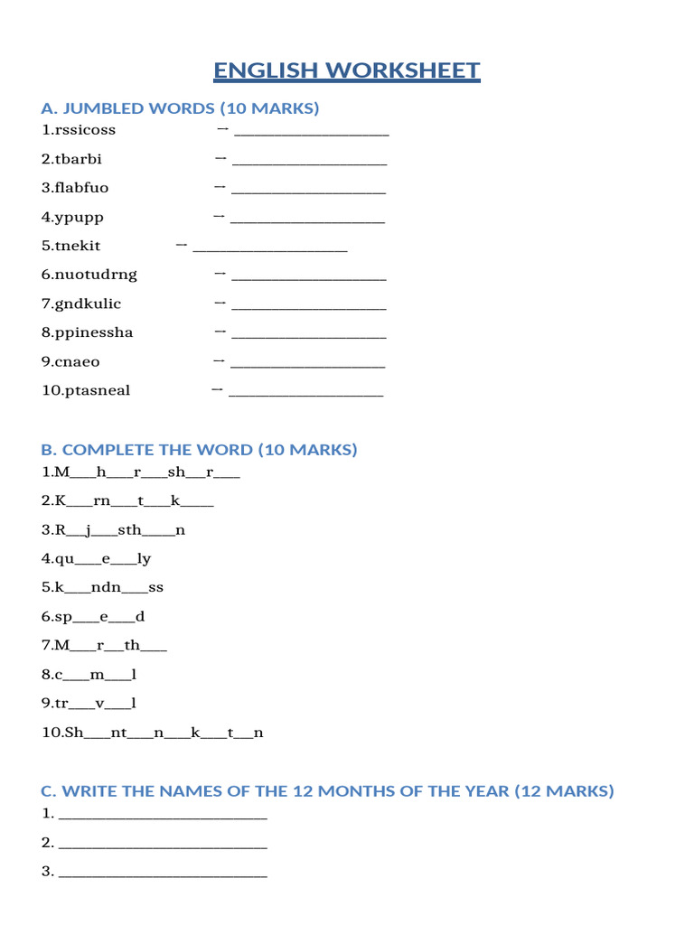 Class 1 English Worksheet | PDF