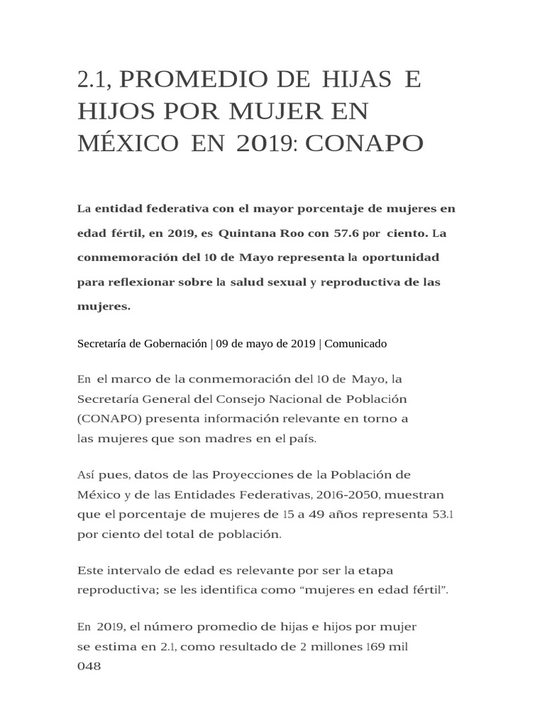 2.1, Promedio de Hijas E Hijos Por Mujer en México en 2019: Conapo | PDF