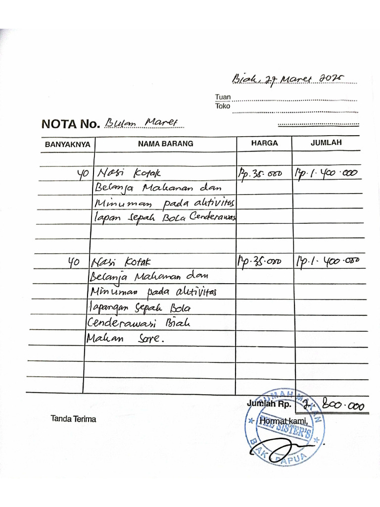 Nota Makan 27032025 | PDF