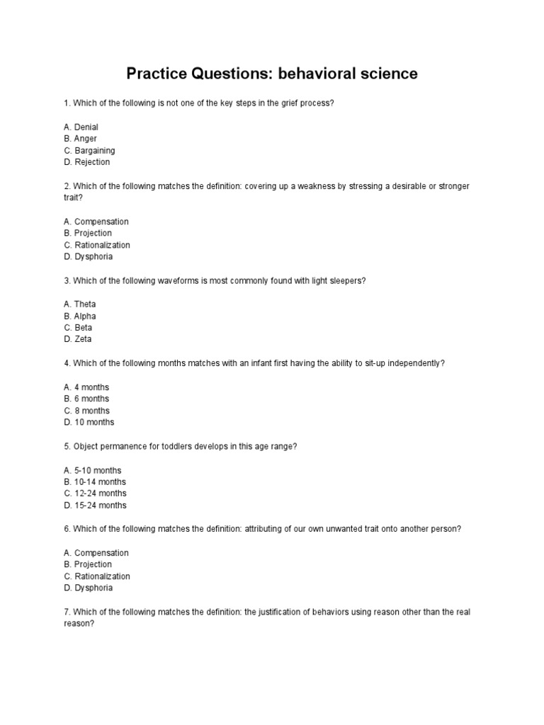 Practice Questions - Behavioral Science | PDF | Sleep | Neuroscience
