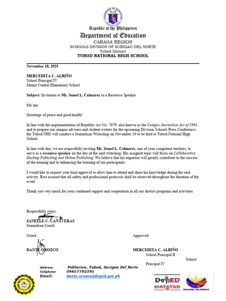 Invitation for Journalism Writeshop Speaker | PDF