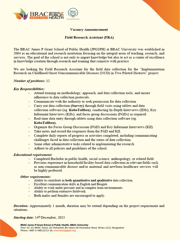 Job Advertisement - FRA - 27 Nov 2025 | PDF | Per Diem