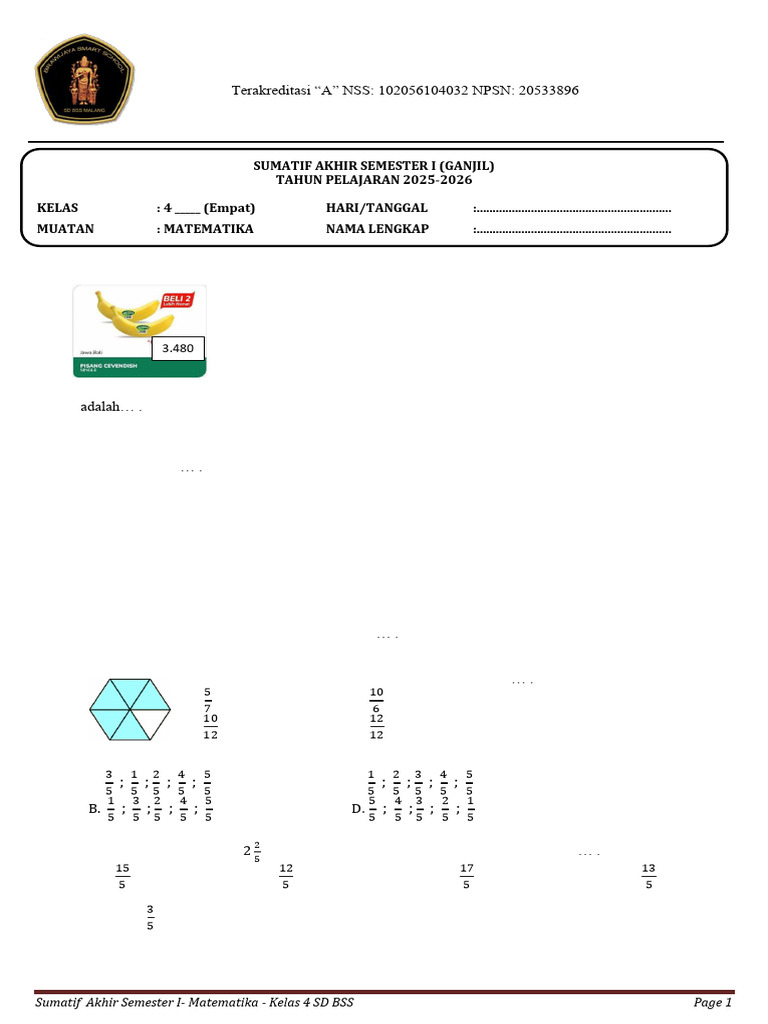 Ujian Matematika Kelas 4 SD BSS | PDF
