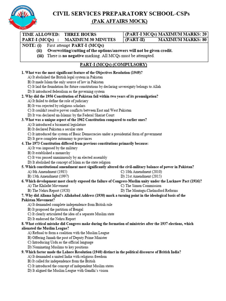 Pakistan Affairs Mock Test Questions | PDF | All India Muslim League ...