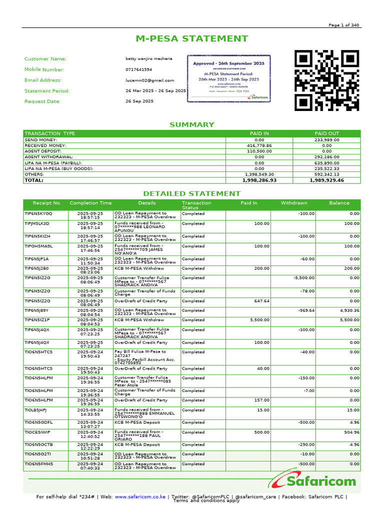MPESA Statement 2025-09-26 To 2025-03-26 2547xxxxxx594 | PDF ...