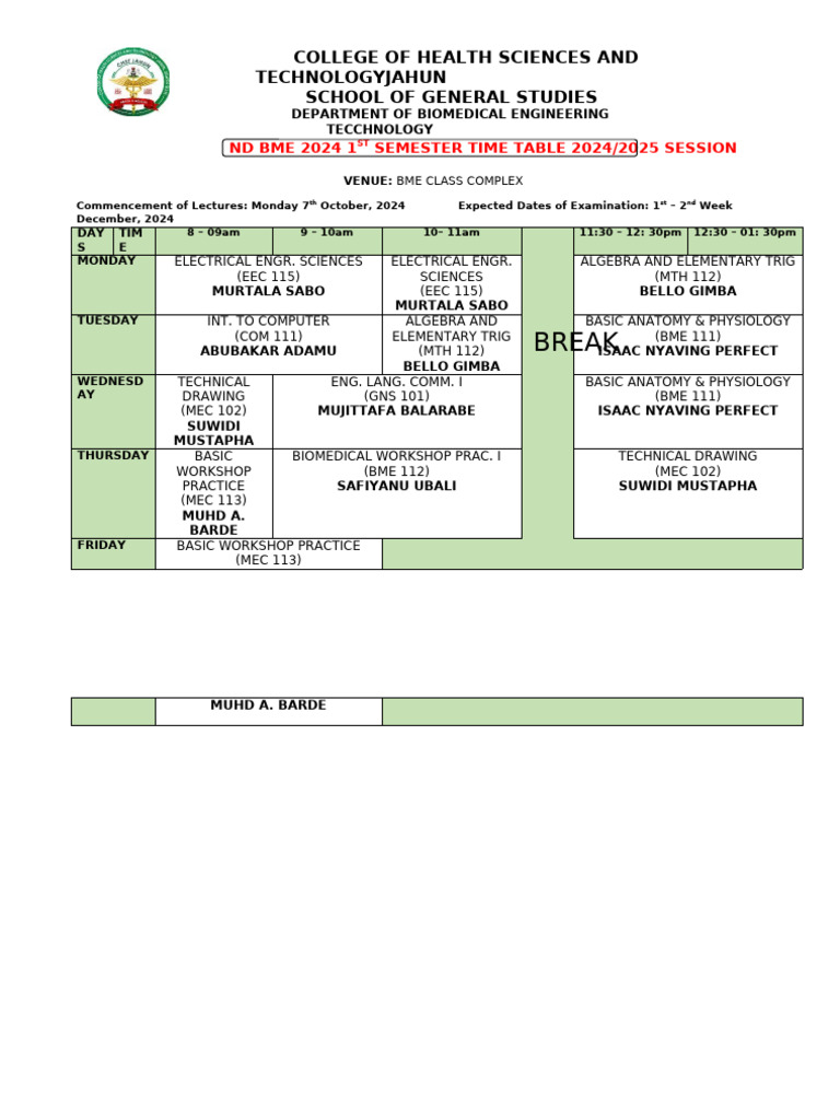 Bme 2024 1st Semester Time Table | PDF