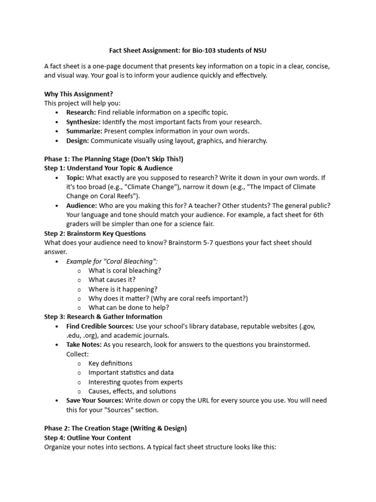 Bio-103 Fact Sheet Assignment Guide | PDF