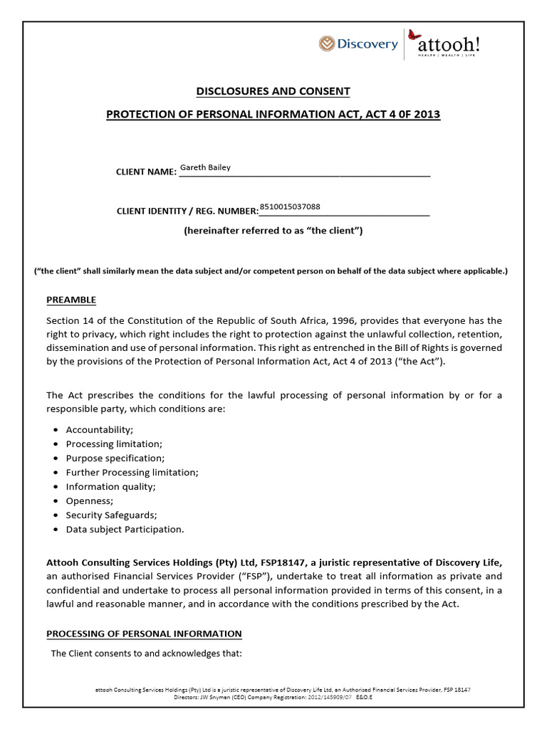 FAIS POPI Disclosures and Consent | PDF | Information | Insurance