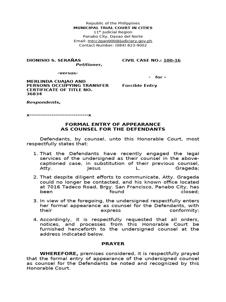 Formal Entry of Appearance | PDF | Justice | Crime & Violence