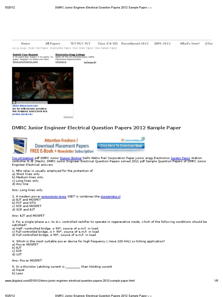 DMRC Junior Engineer Electrical Question Papers 2012 Sample Paper | PDF ...