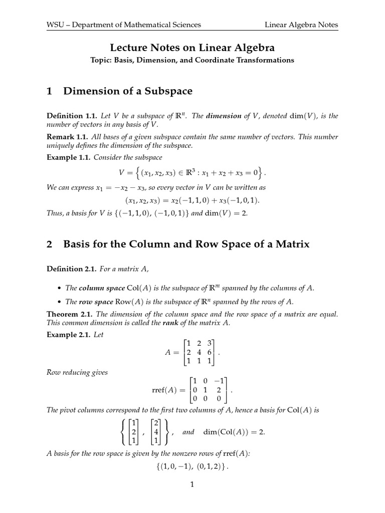 Basis, Dimension, and Coordinate Transformations | PDF | Linear ...