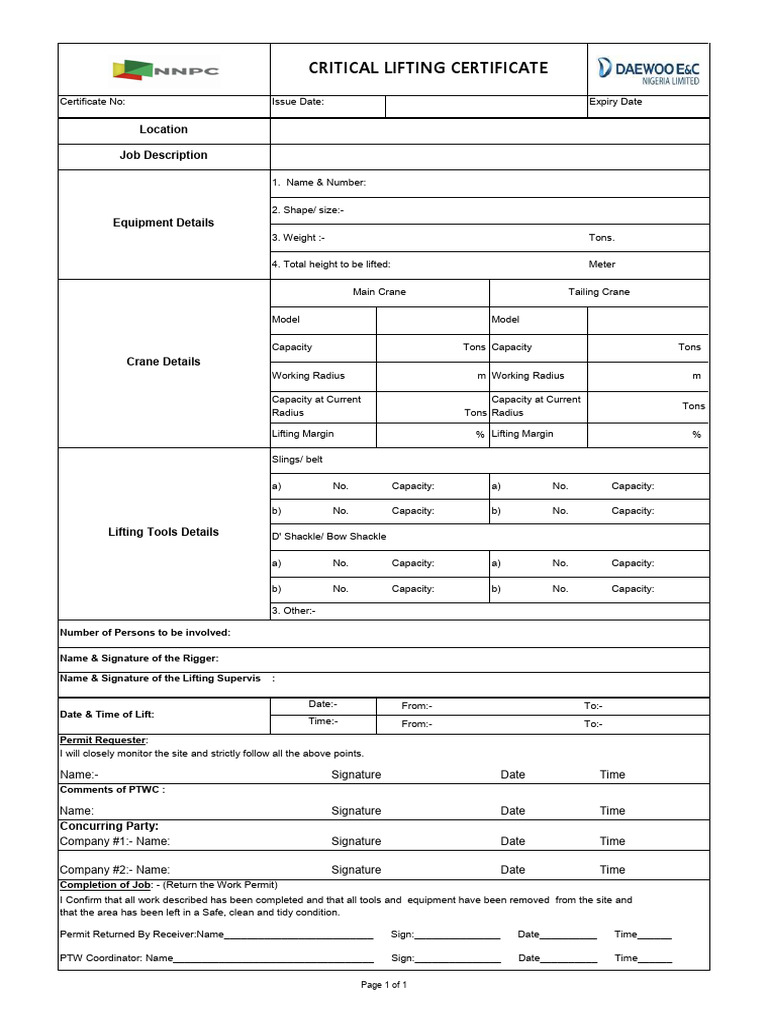 Critical Lifting Certificate Template | PDF | Crane (Machine)