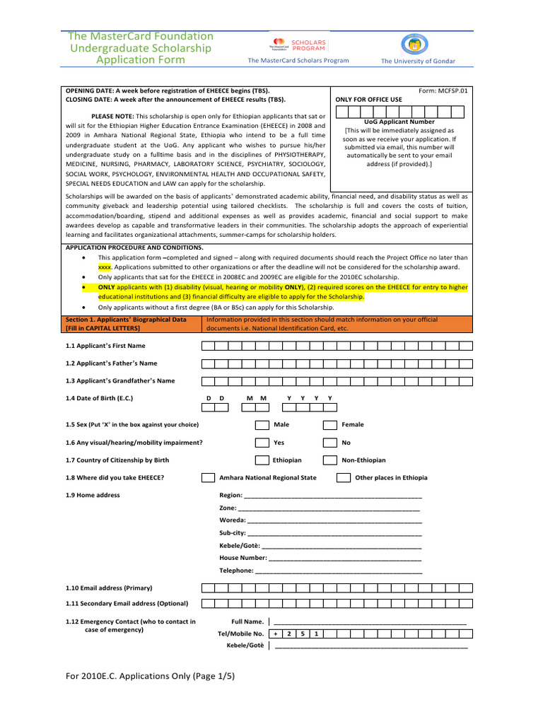 MCFSP.01. Application Form | PDF | Bachelor's Degree | Building Materials