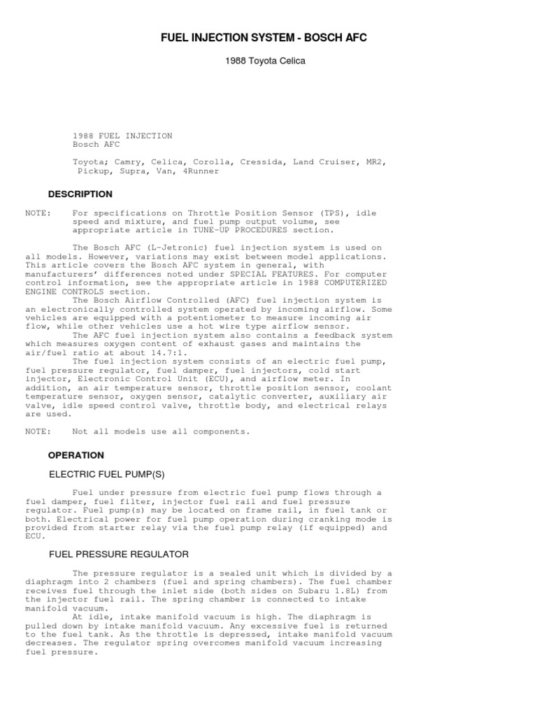 1988 Toyota Bosch AFC Fuel Injection | PDF