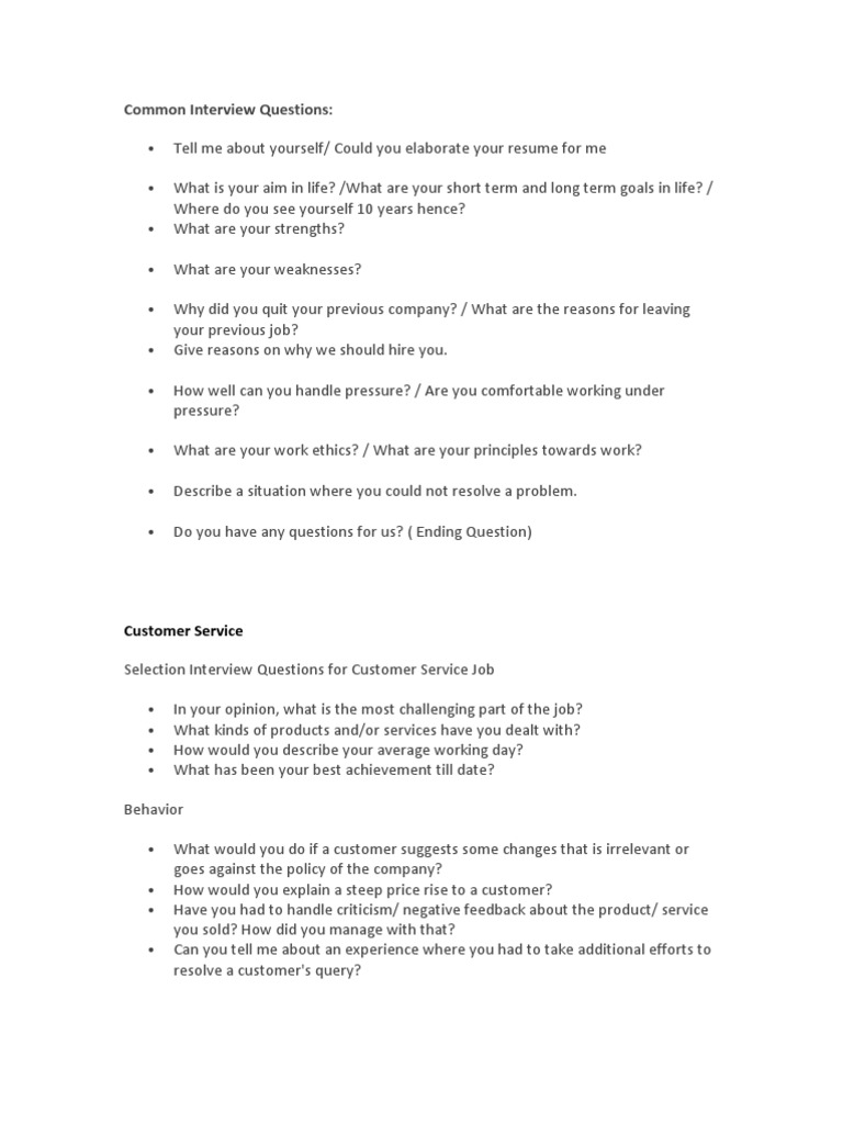 Common Interview Questions:: Customer Service | PDF | Horsepower ...