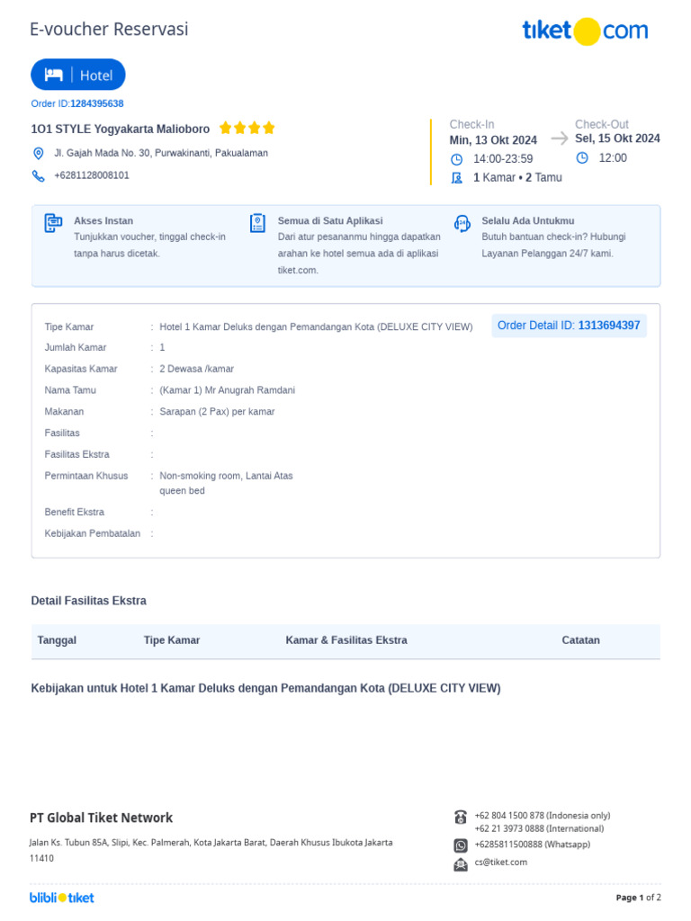 Hotel E-Voucher - Order ID 1284395638 | PDF