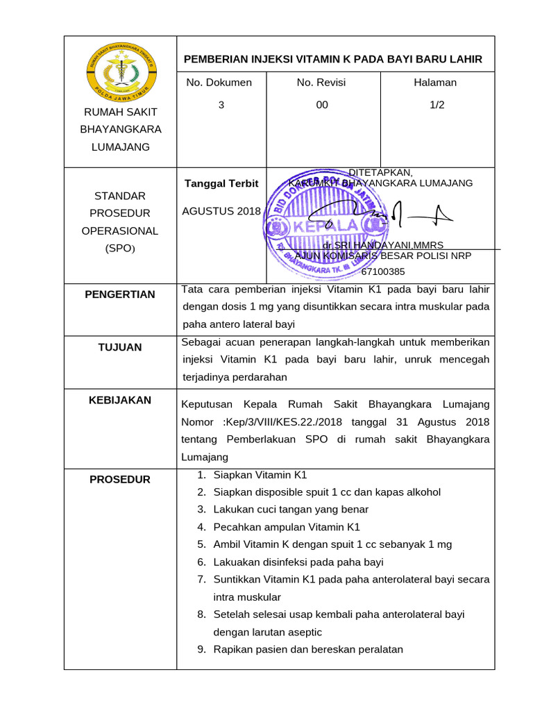 Pemberian Injeksi Vitamin K Pada Bayi Baru Lahir | PDF
