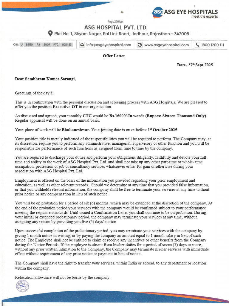 ASG Hospitals Executive Offer Letter | PDF | Business
