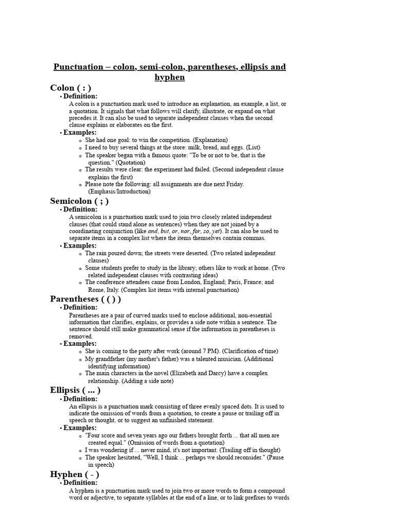 Punctuation - Colon, Semi-Colon, Parentheses, Ellipsis and Hyphen | PDF ...