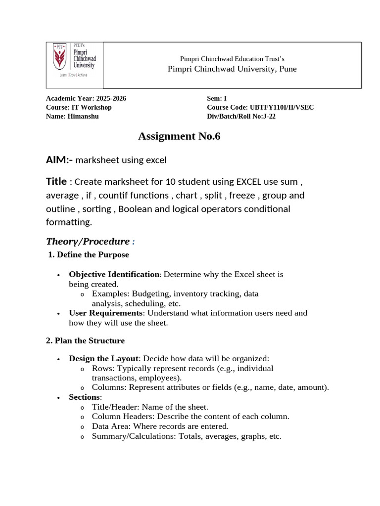 AIM:-Title: Assignment No.6 | PDF | Microsoft Excel | Spreadsheet