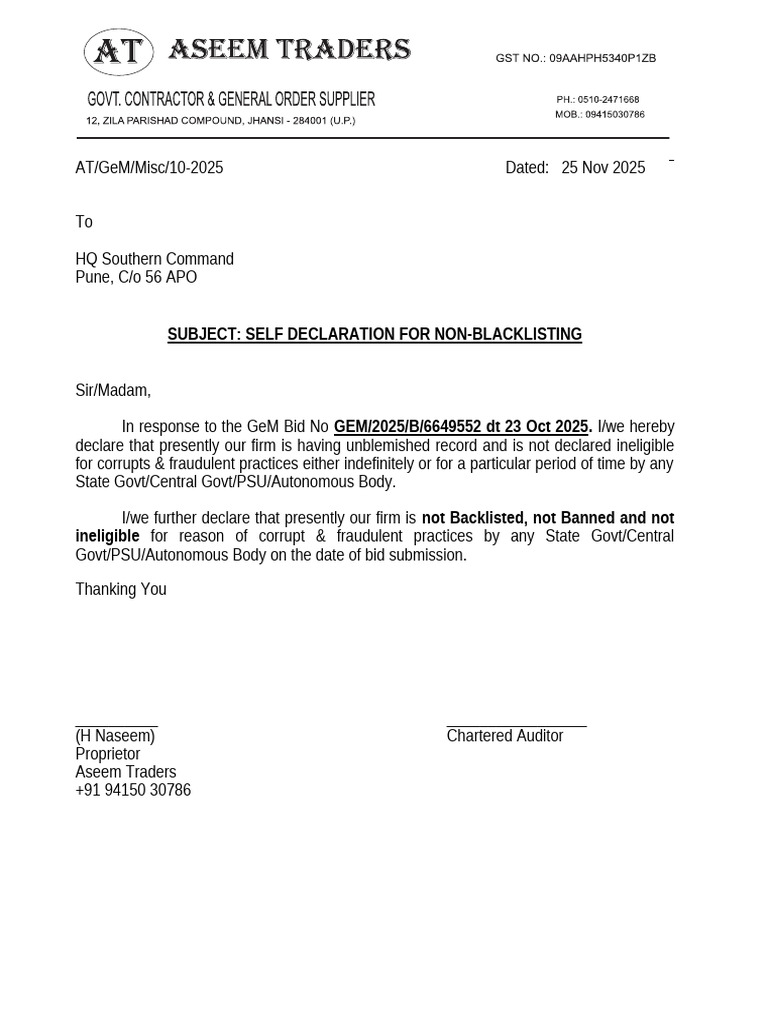 Aseem Self Declaration For Non Blacklisted Firm CA Certificate | PDF