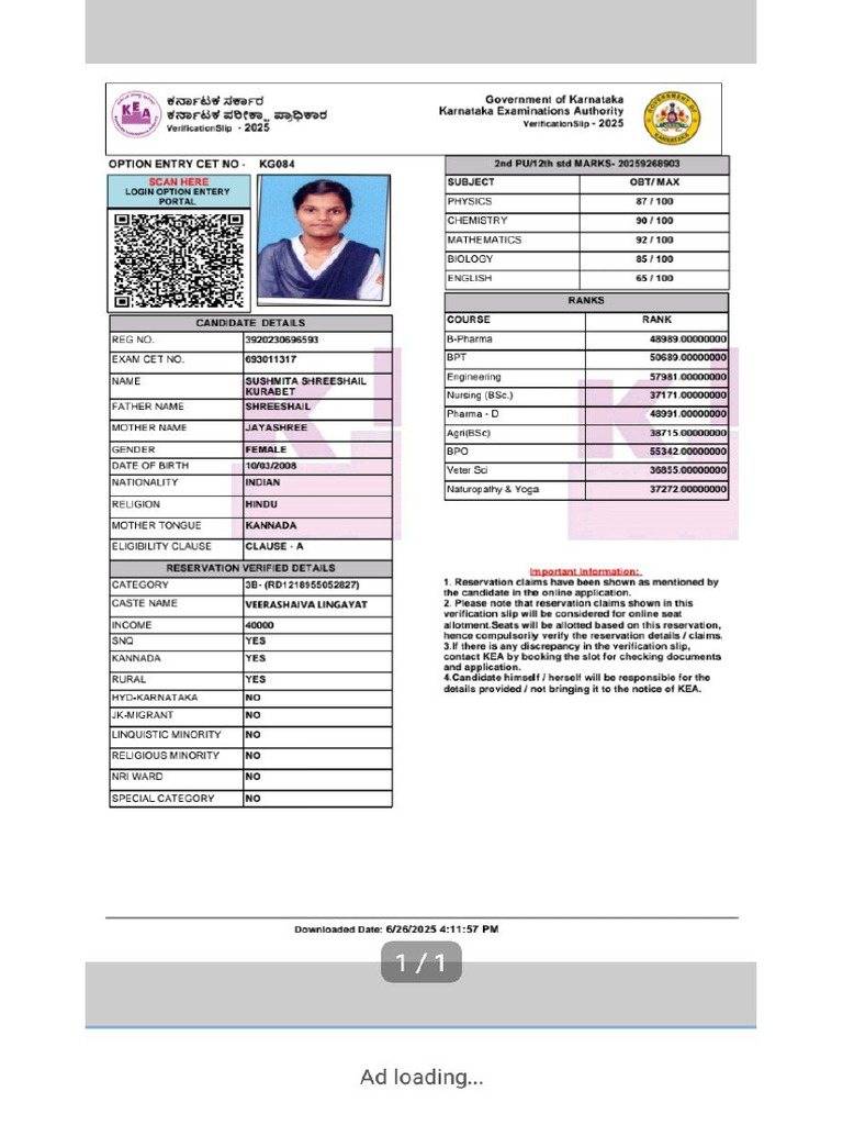 Cet Marks Card | PDF