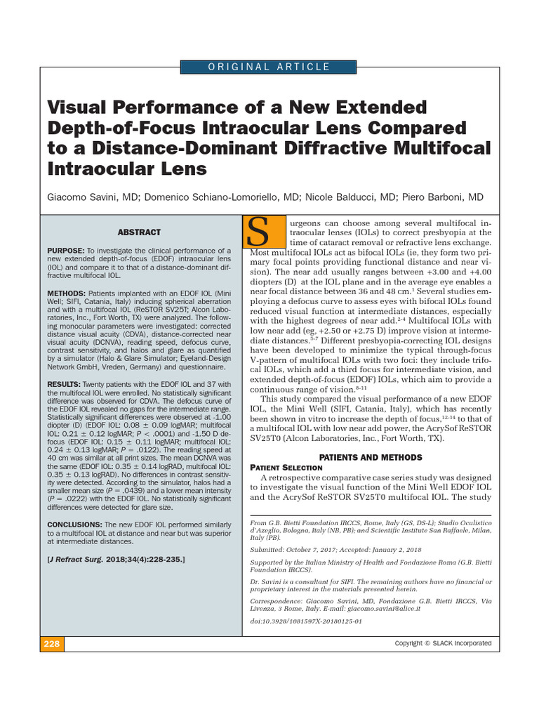 2018 - Visual Performance of A New EDOF IOL Compared To A Distance ...