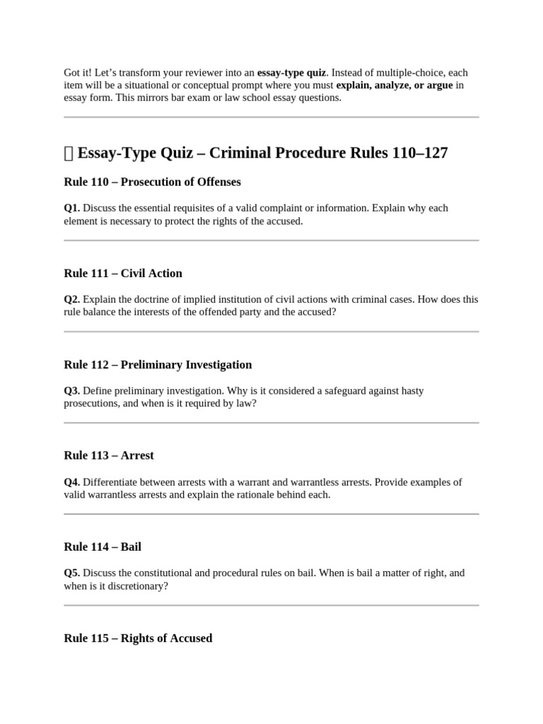 Essay Type Quiz Criminal Procedure | PDF | Arrest | Arraignment