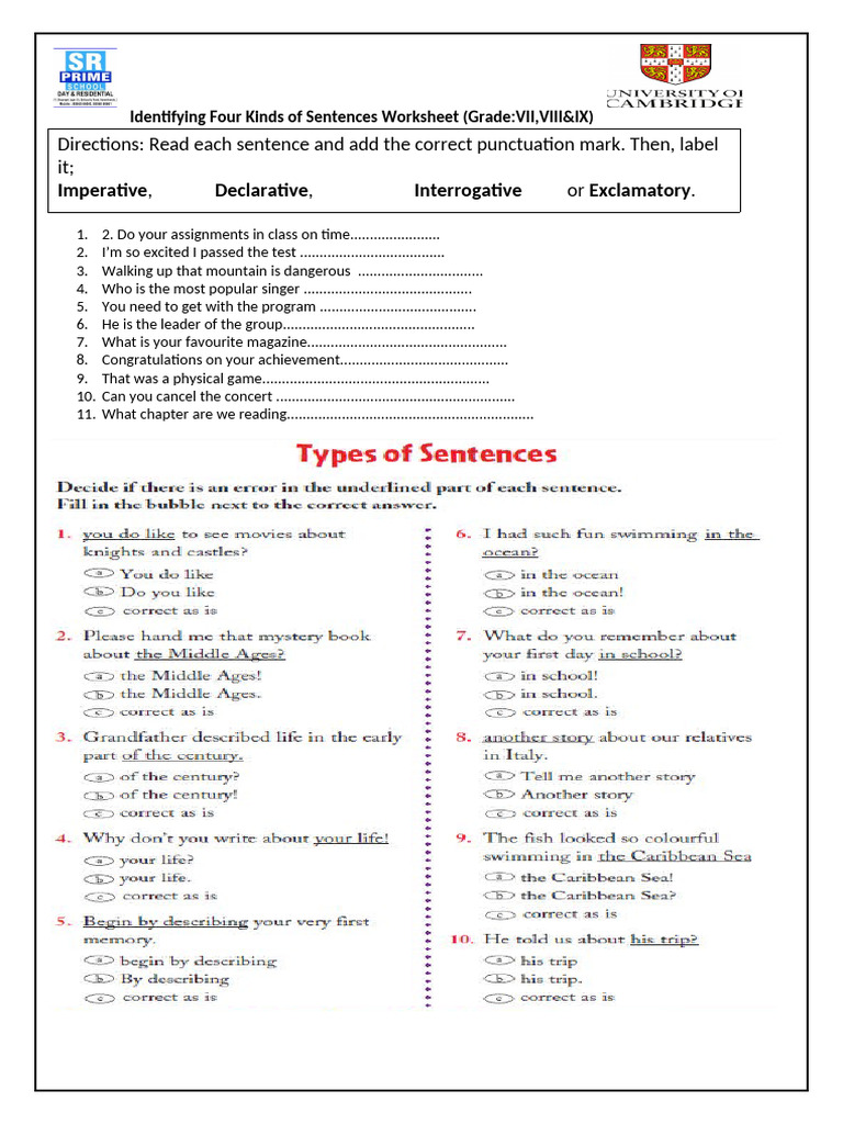 Identifying Four Kinds of Sentences Worksheet 1 | PDF