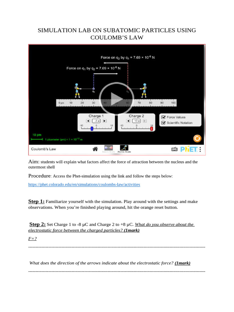Simulation Lab On Subatomic Particles Using Coulomb | PDF | Force | Electrostatics